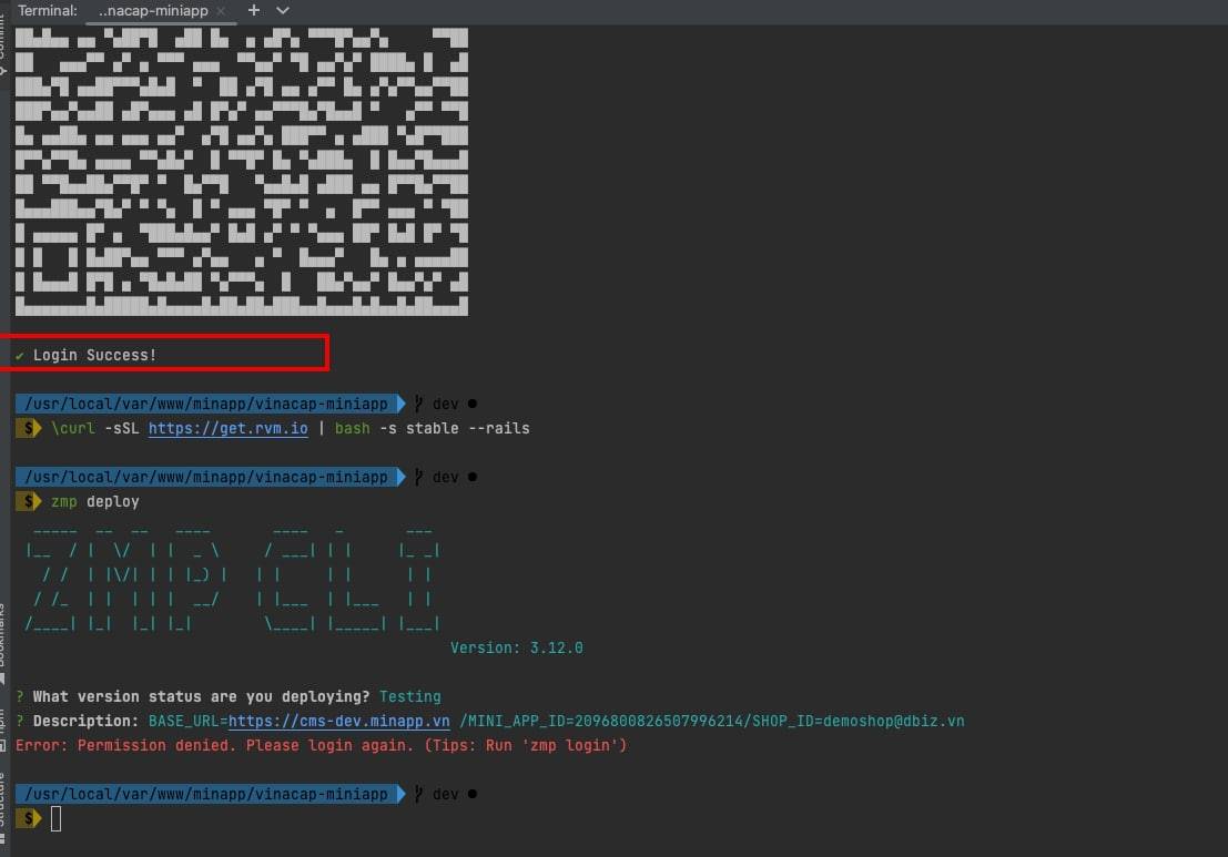 Lỗi khi deploy Permission denied. Please login again. (Tips: Run zmp ...